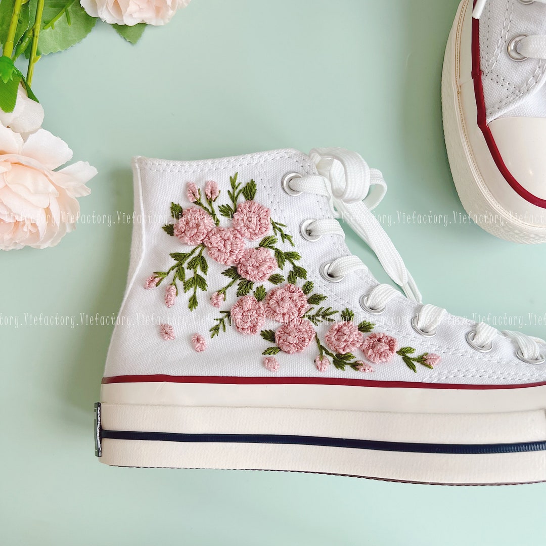 Converse Chuck Taylor Sweet Rose Flowers Leaves Embroidery Classic High ...