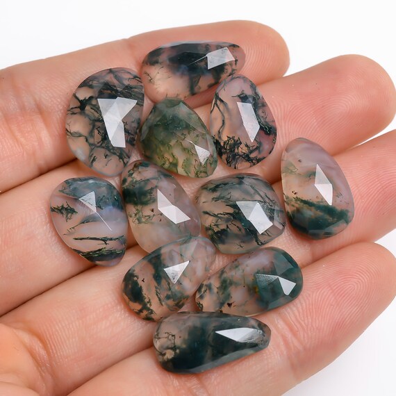 52 Ct. Moss Agate Slice Natural Moss Agate Rose Cut Fancy Shape Faceted Loose Gemstone 11 Pcs Lot For Making Jewelry 14X10 17X11 mm R 7888