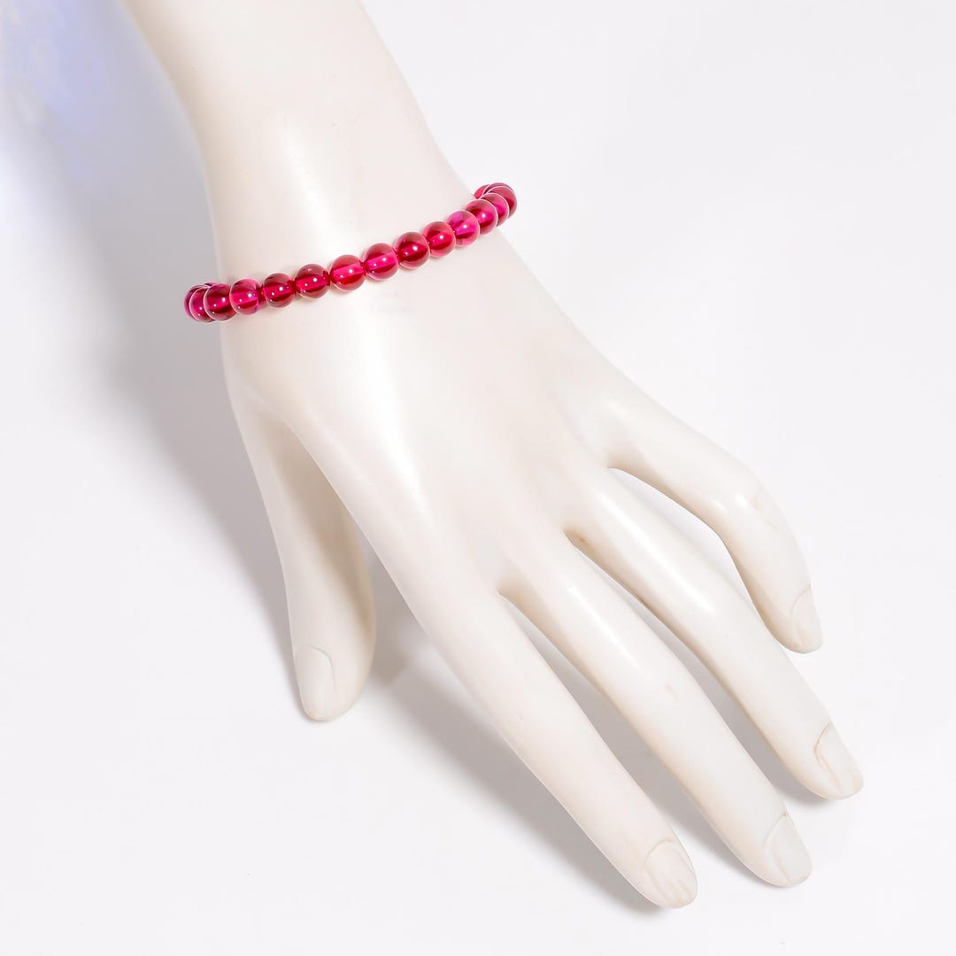 Lab Grown Pink Ruby Bracelet: Round Smooth Beads, Adjustable (6X6 Mm ...