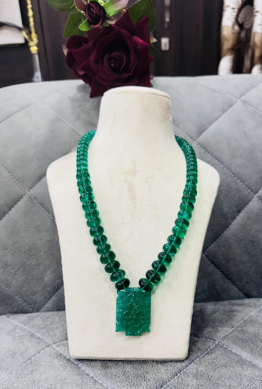 AAA Colombian Emerald Carved Necklace: Gemstone Cabochon Beads - Etsy