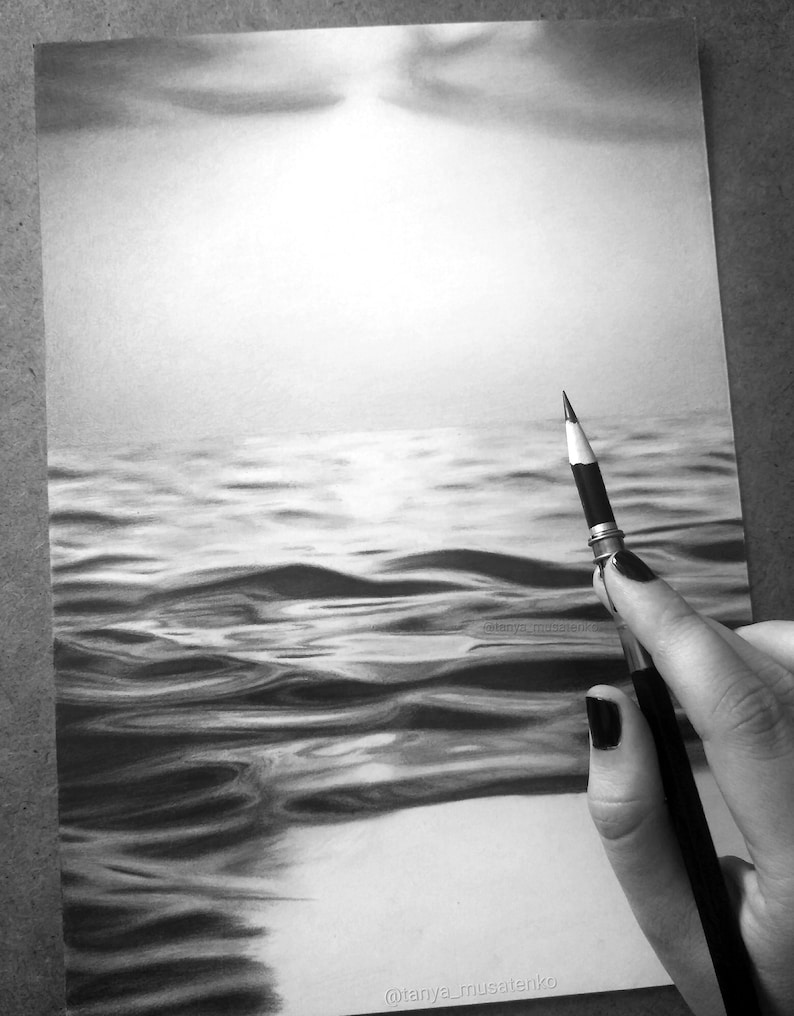 Original Pencil Drawing of the Sea, Graphite Fine Art, Custom Pencil ...