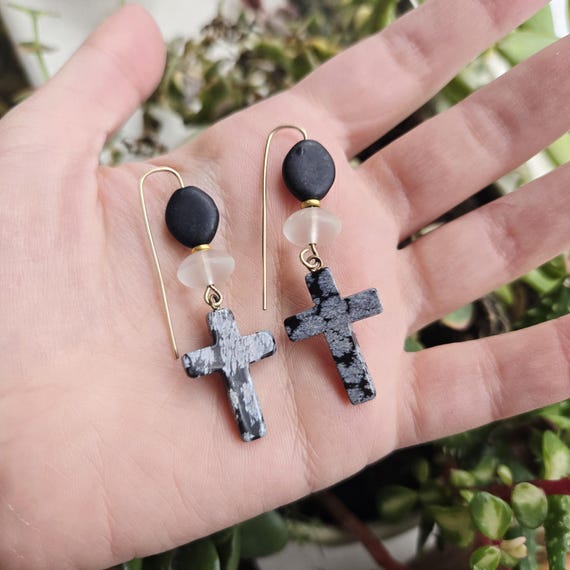 Vintage Pair of Snowflake Obsidian Cross Hook Dangle … - Gem