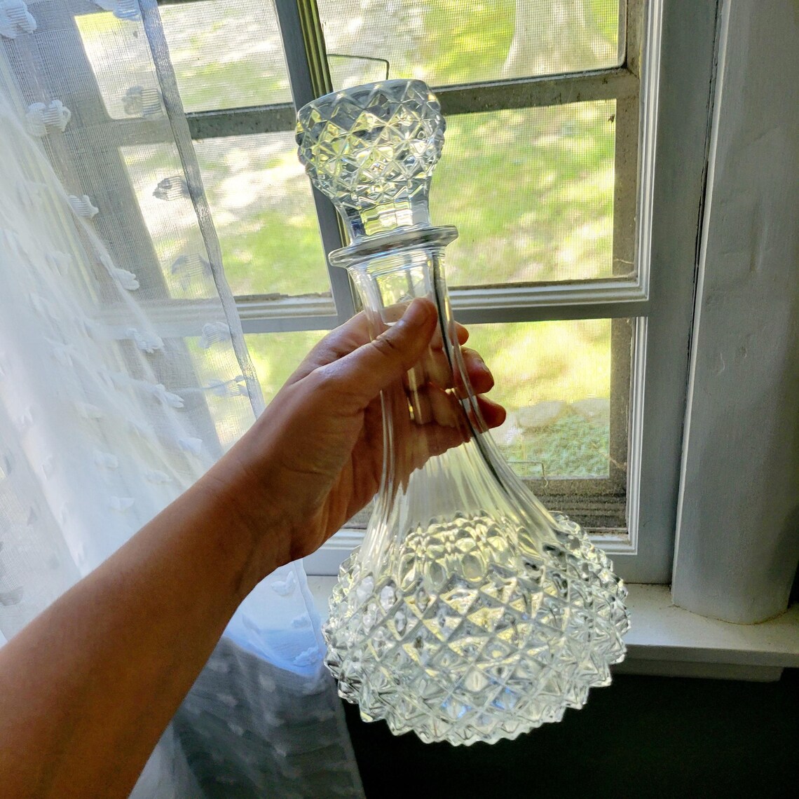 Vintage Diamond Point Crystal Glass Ships Captain Ornate Whiskey ...