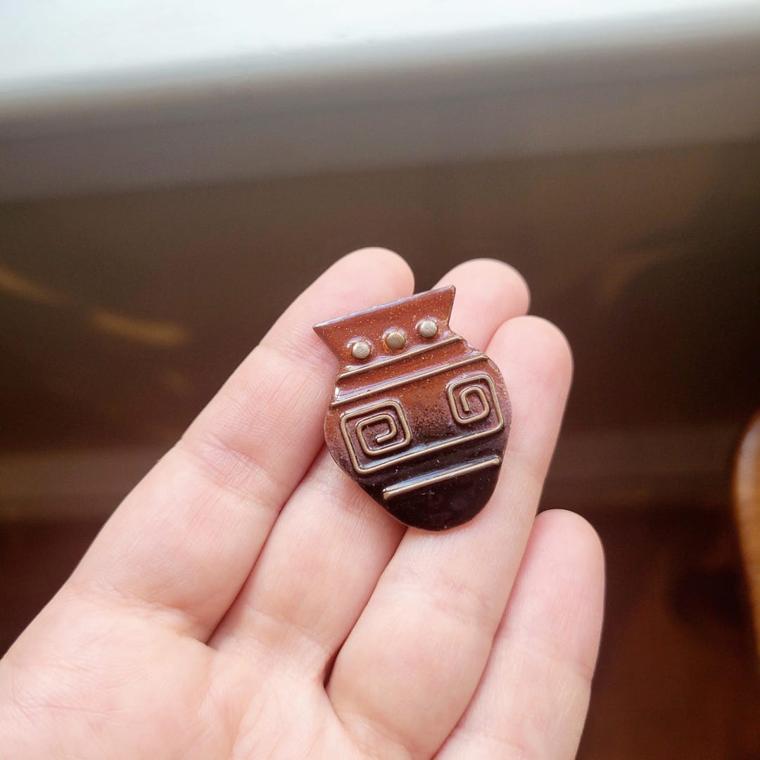 Vintage Signed Handmade Tribal Native Pot Vase Boucher Lapel Brooch Pin ...