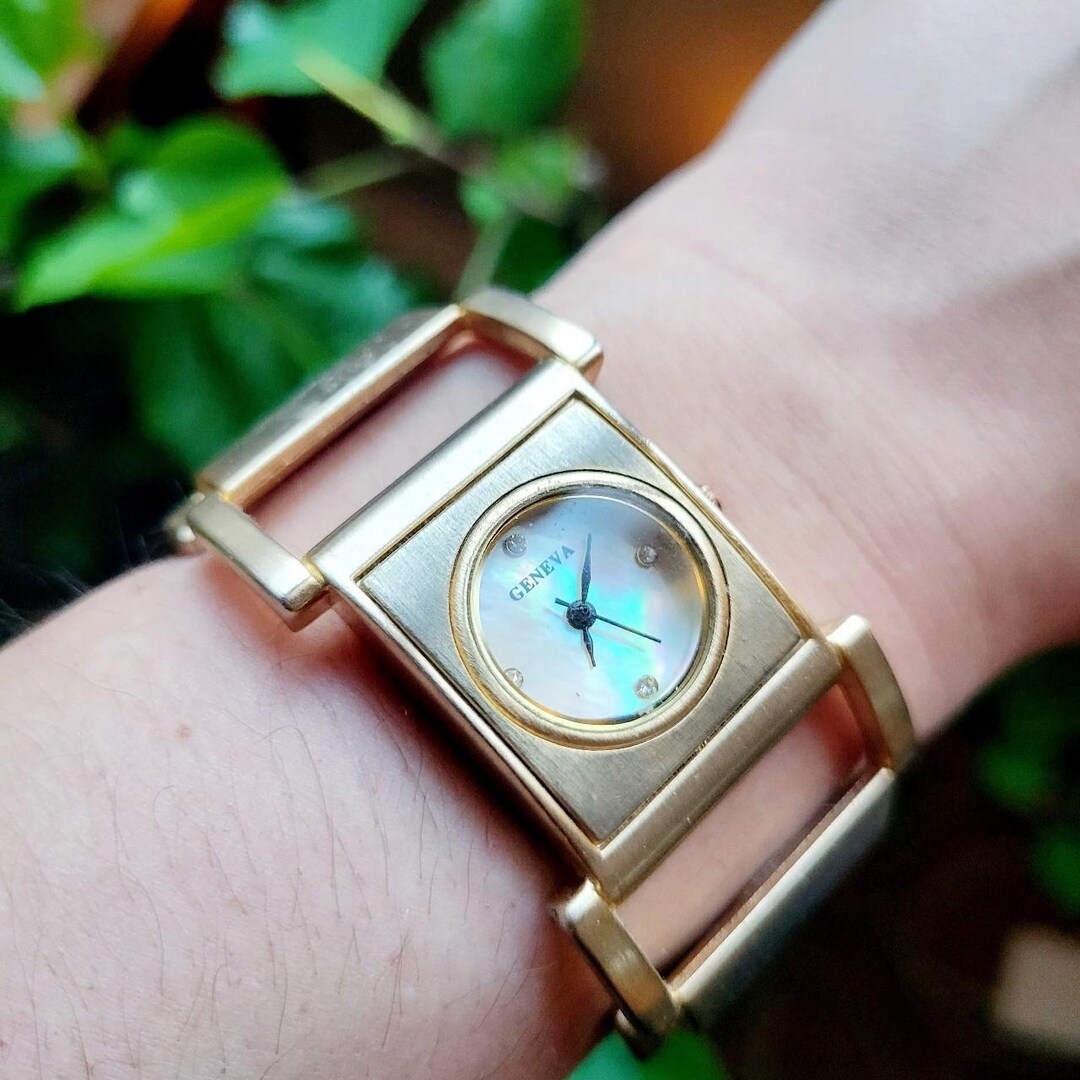 Vintage Gold Geneva Diamond Mother of Pearl Cuff Watch - Etsy