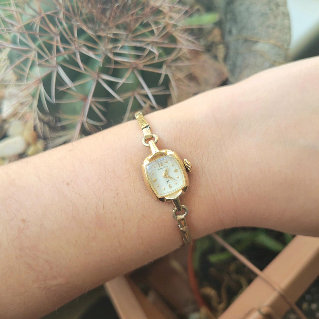 Hamilton 10K RGP Gold Dainty Square Classic Ornate Tiny Stretch Watch ...