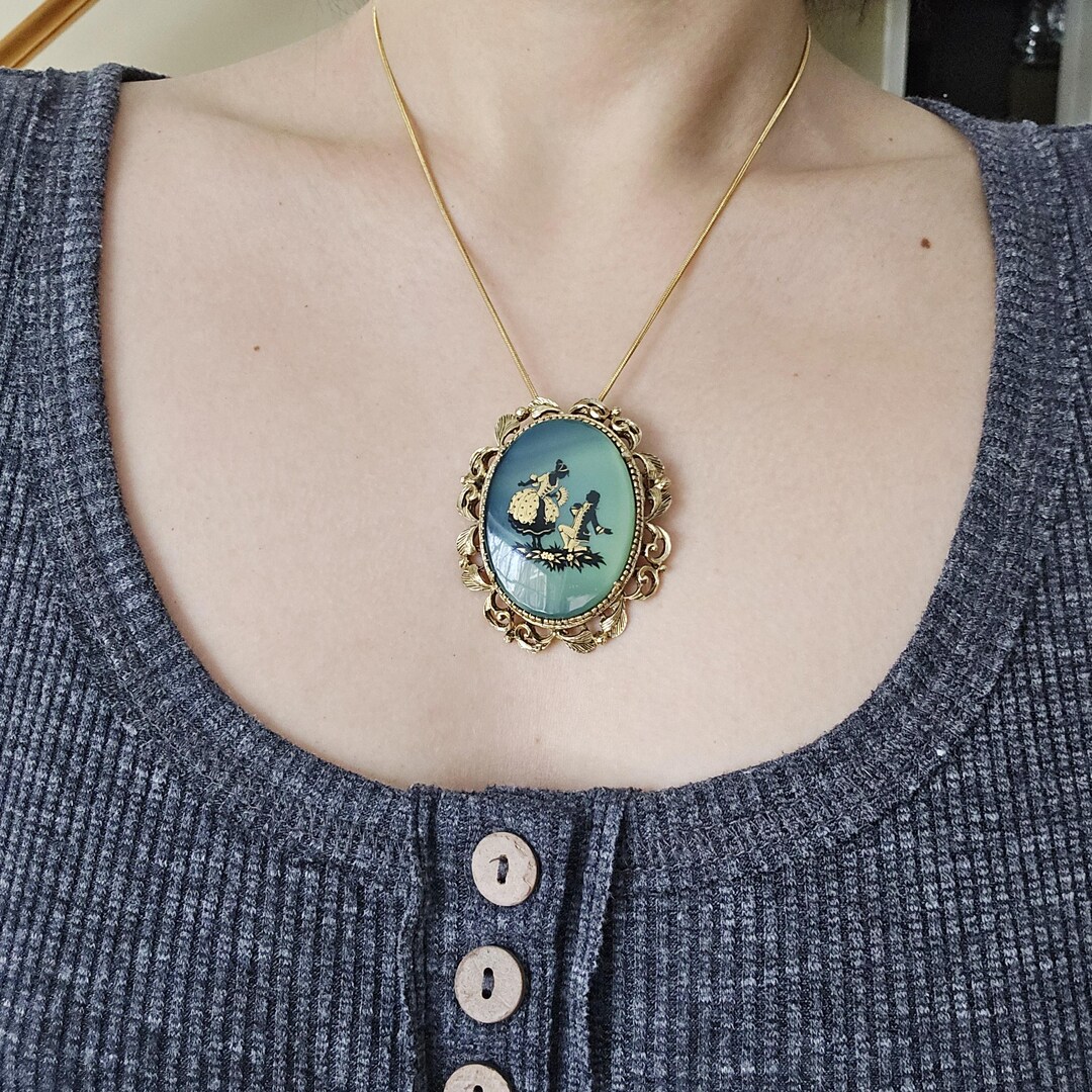 RARE* Vintage Pauline Rader Antique Style Teal Gold Painted Cameo Lapel ...