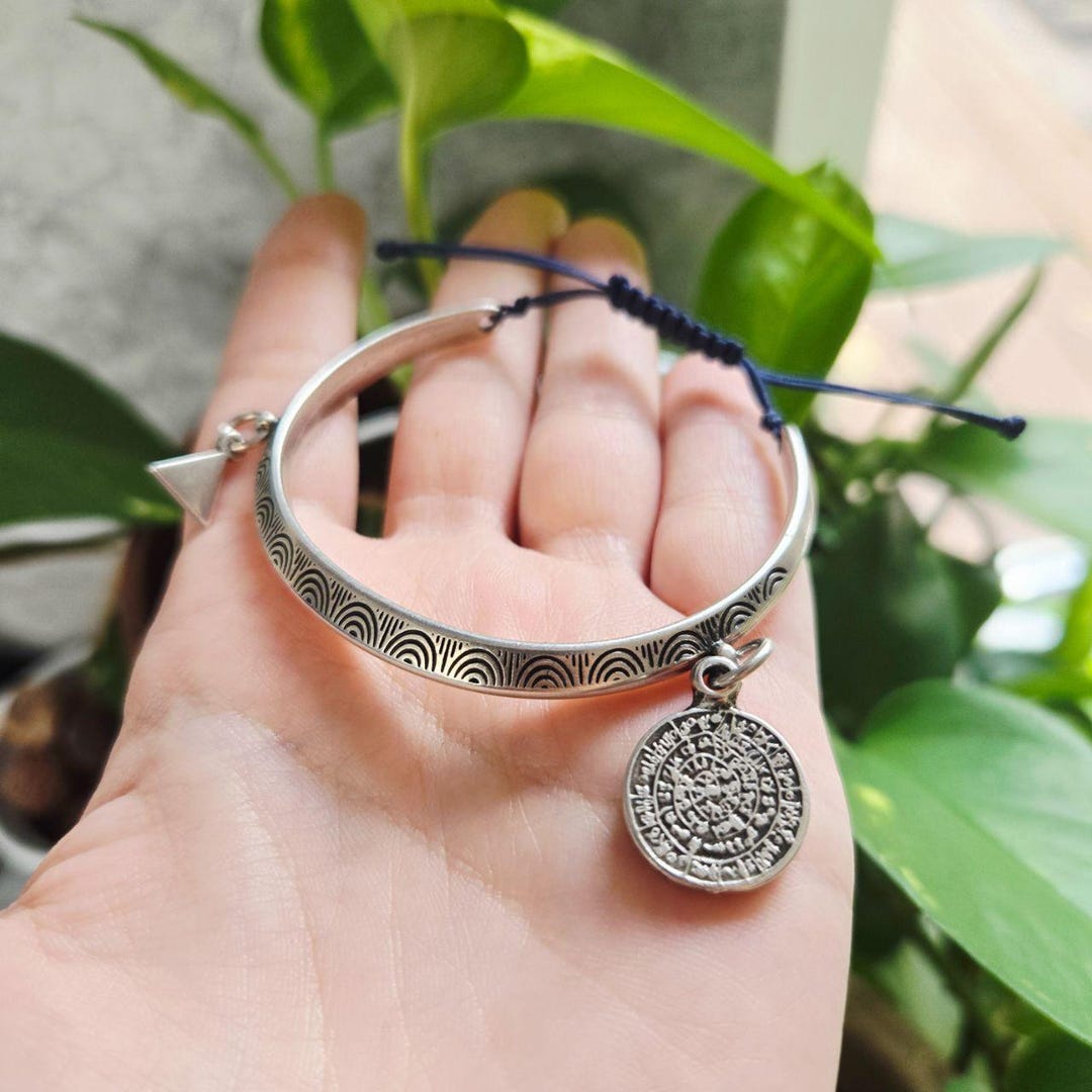 Tribal Native Mayan Style Silver Coin Geometric Charm Cord Bangle ...