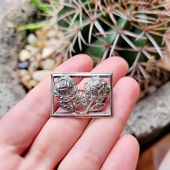 Vintage 925 Sterling Silver Marcasite Rose Rectangula… - Gem