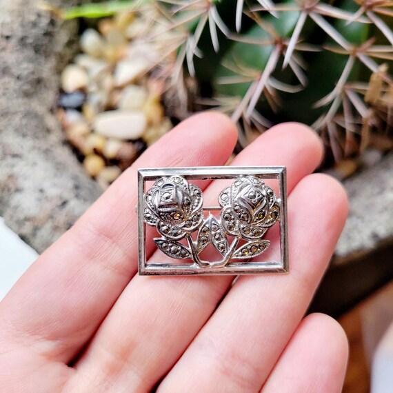 Vintage 925 Sterling Silver Marcasite Rose Rectangula… - Gem