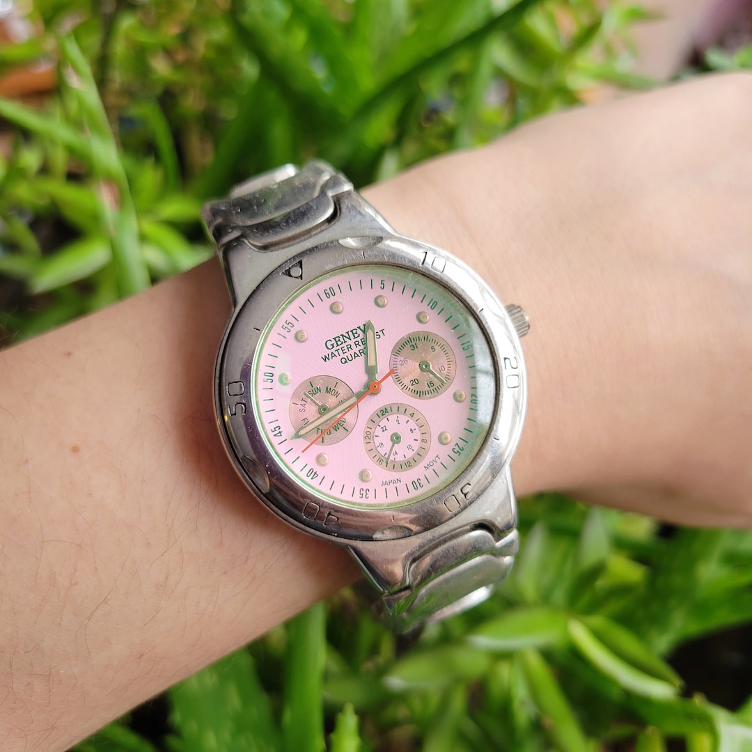 Vintage Pink Geneva Elite Irridescent Chunky Sports Quartz Calendar ...