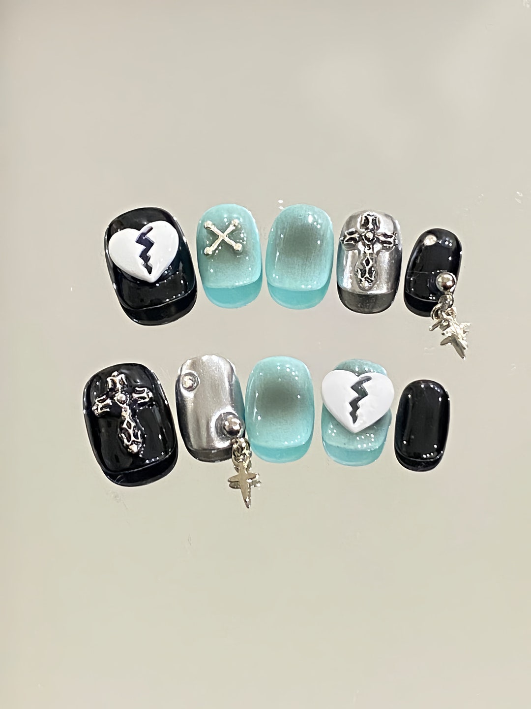Short Blue Green Black Cute Nails Silver Metallic Y2K Goth Charms ...