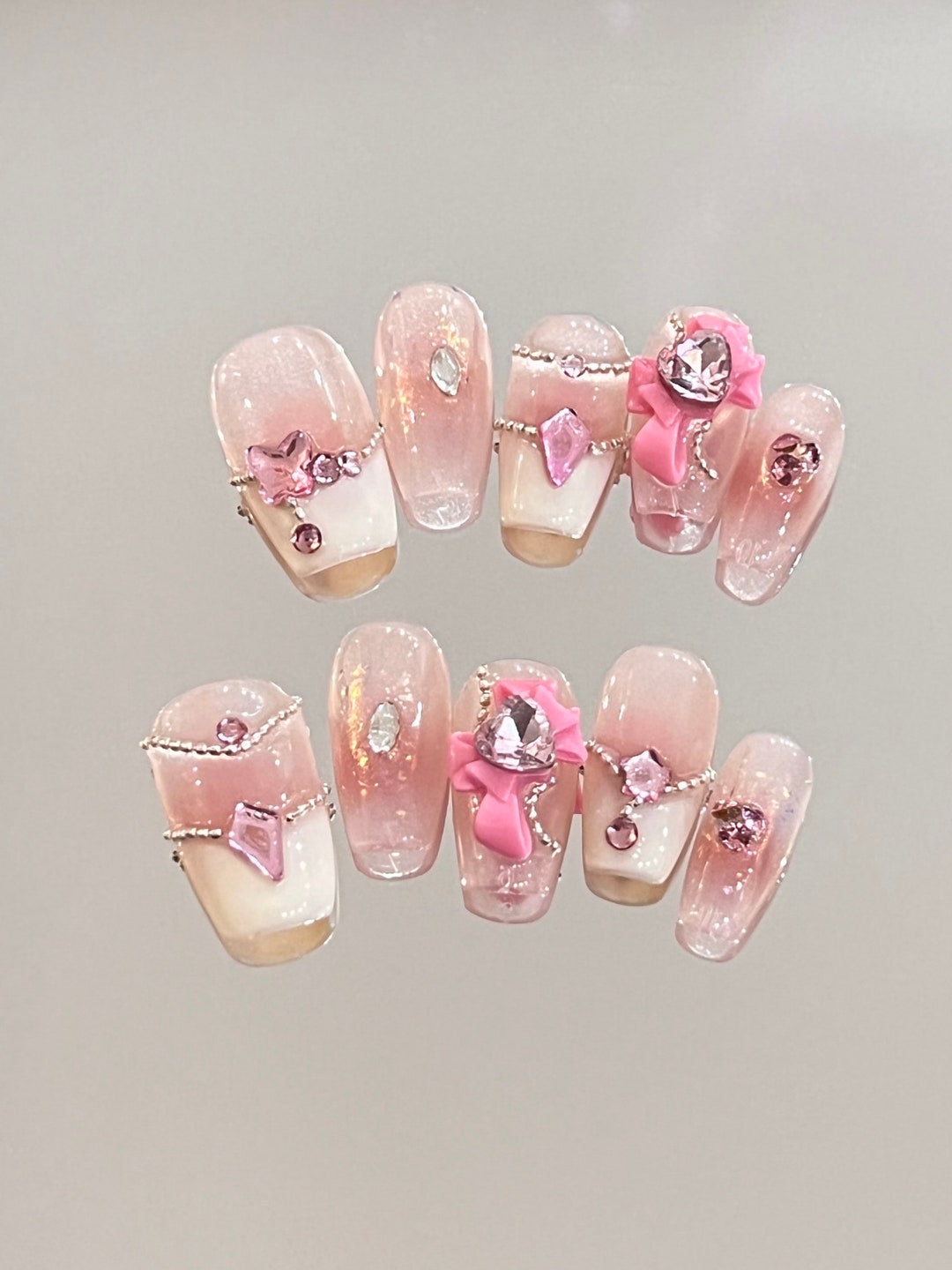 Cute Short Bling Pink Princes Nails Cute Kawaii Gemstones With Sparkles ...