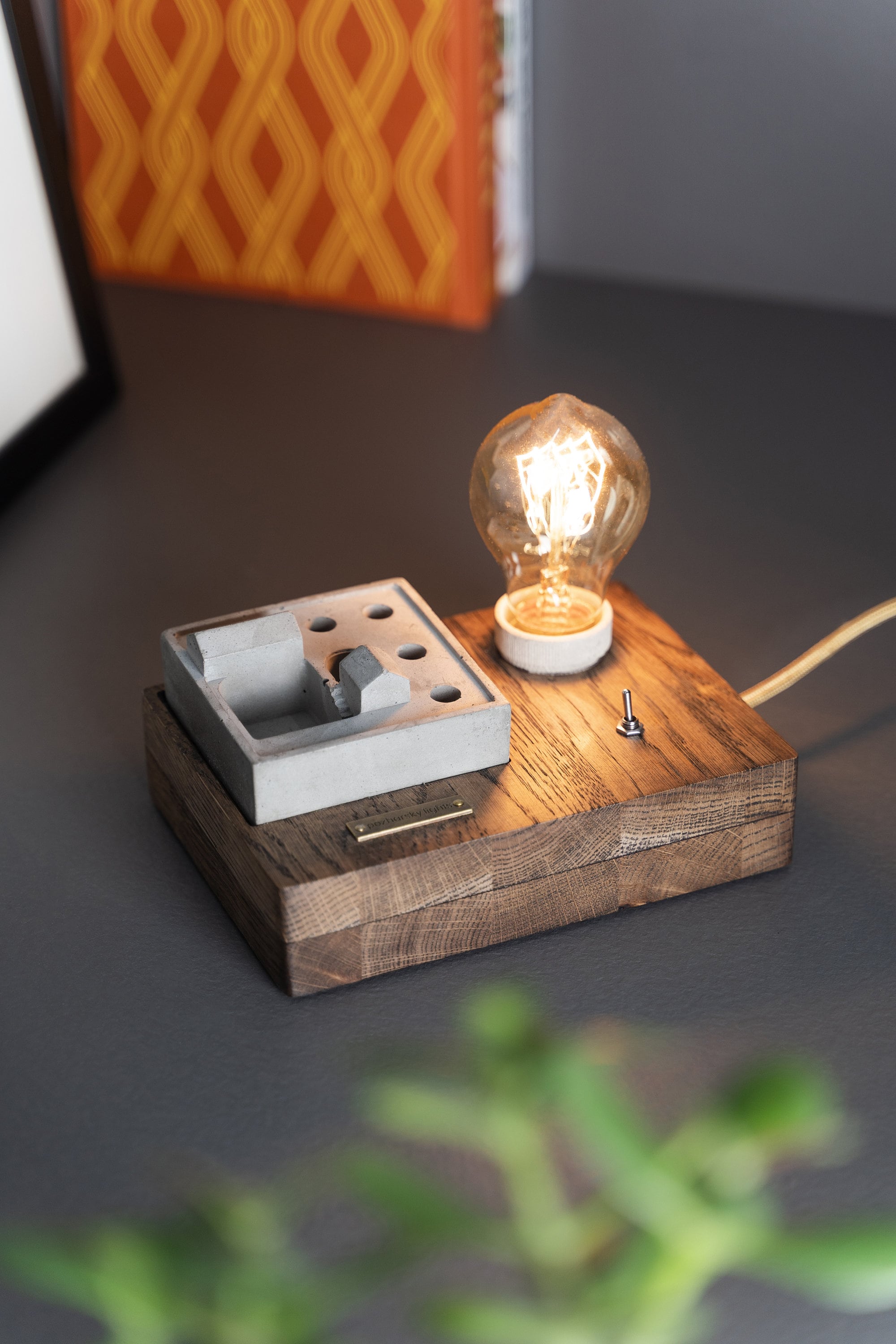 Decorative Desk Oak Wooden Edisson Lamp Concrete Organiser Desk Storage ...