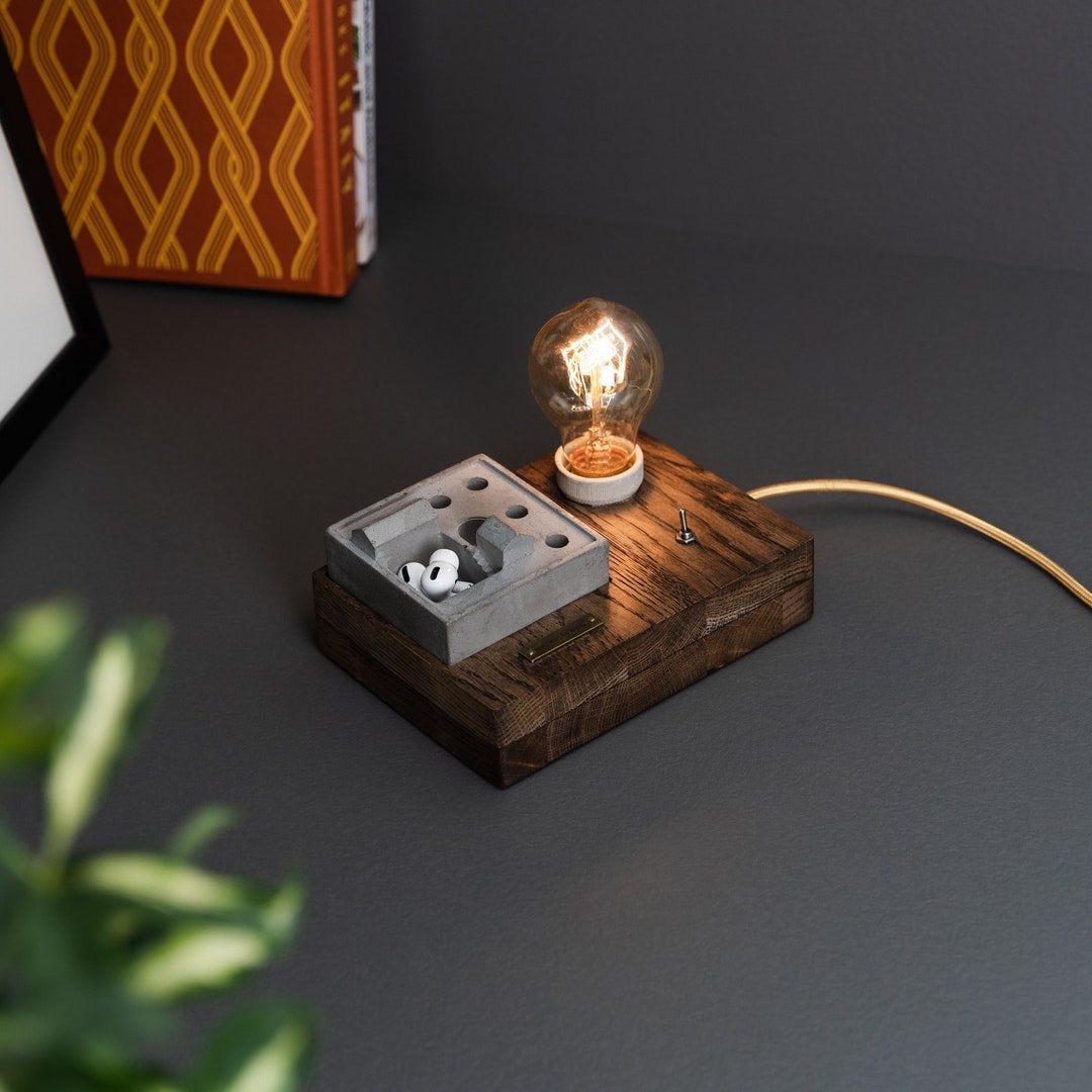 Decorative Desk Oak Wooden Edisson Lamp Concrete Organiser Desk Storage ...