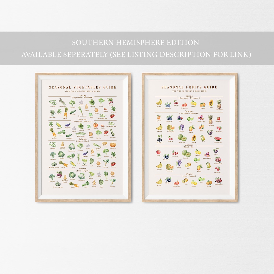 Seasonal Fruits and Vegetables Guide Poster Set, Seasonal Produce Chart ...