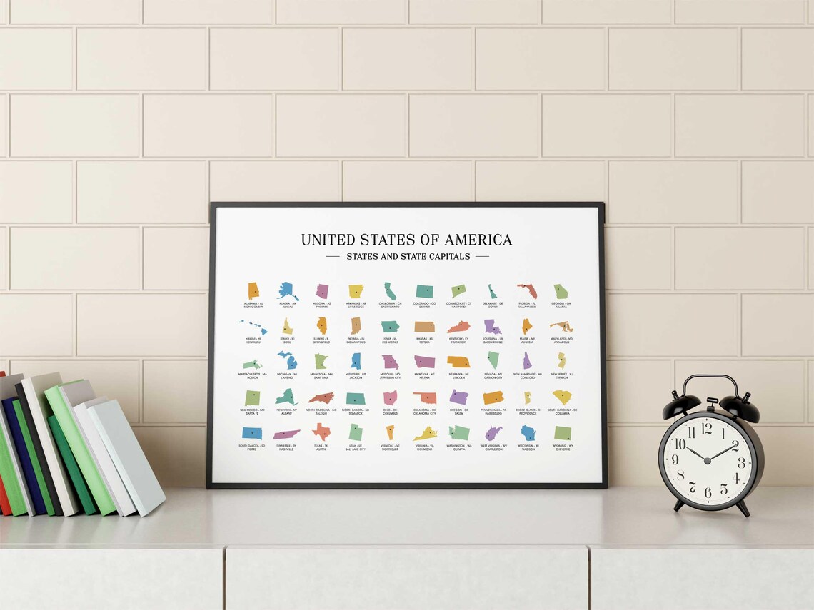 USA State Capital Poster, American States, State Capitals Chart, USA 50 ...