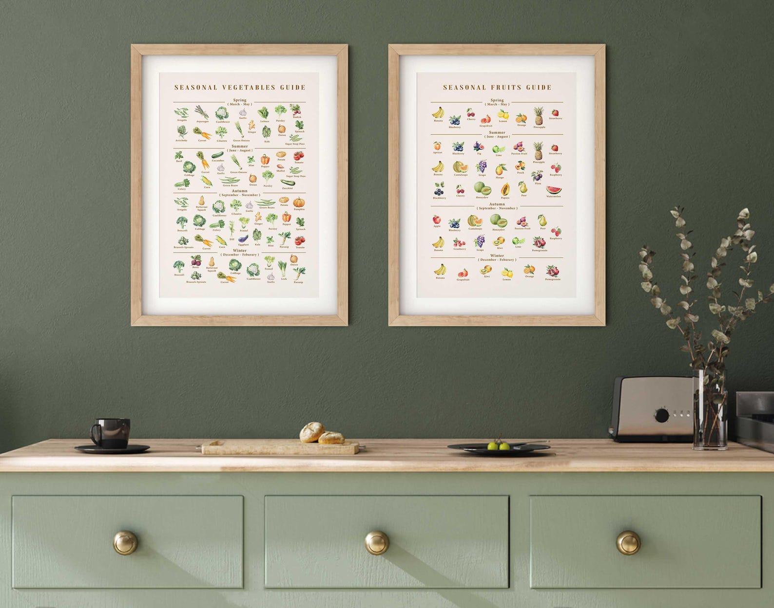 Seasonal Fruits and Vegetables Guide Poster Set, Seasonal Produce Chart ...