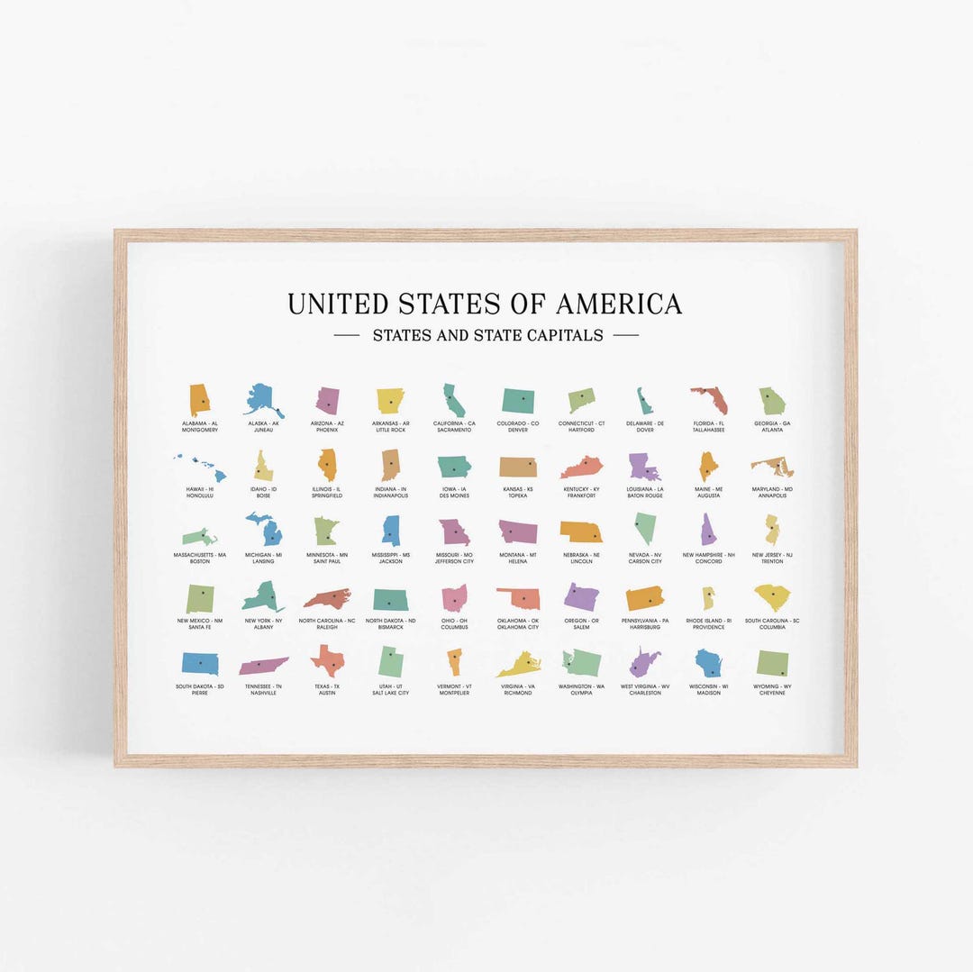 USA State Capital Poster, American States, State Capitals Chart, USA 50 ...