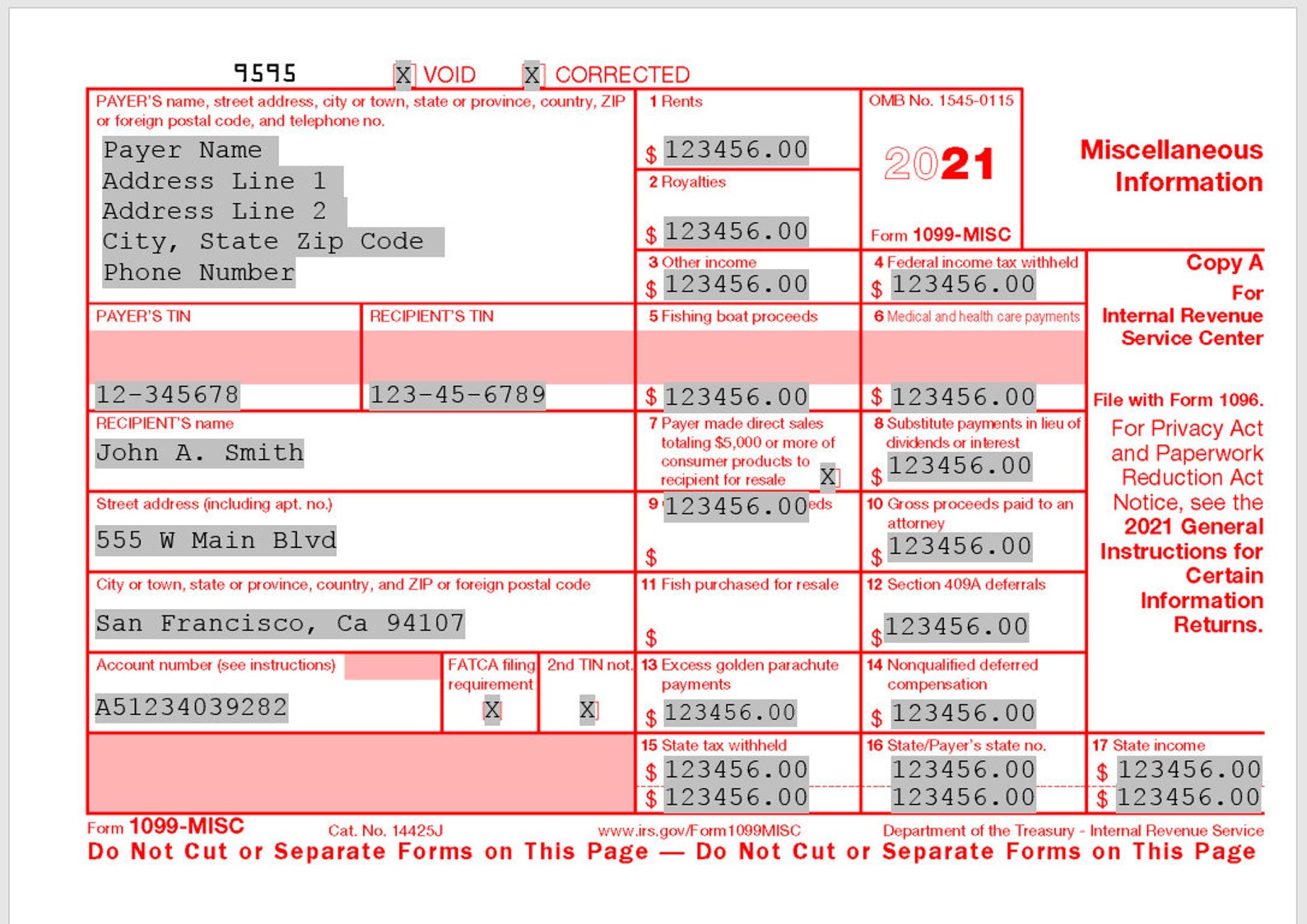 1099-MISC/1096 IRS Copy A - 2021 Form Print Template for Word or PDF - Etsy