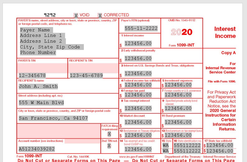 1099-INT Form Print Template for Word or PDF (1096 Transmittal Summary ...