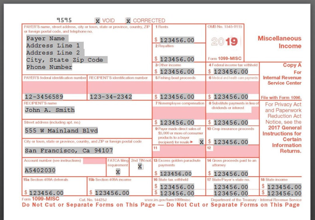 2020 1099 MISC 1096 IRS Copy A Form Print Template For Word Or PDF