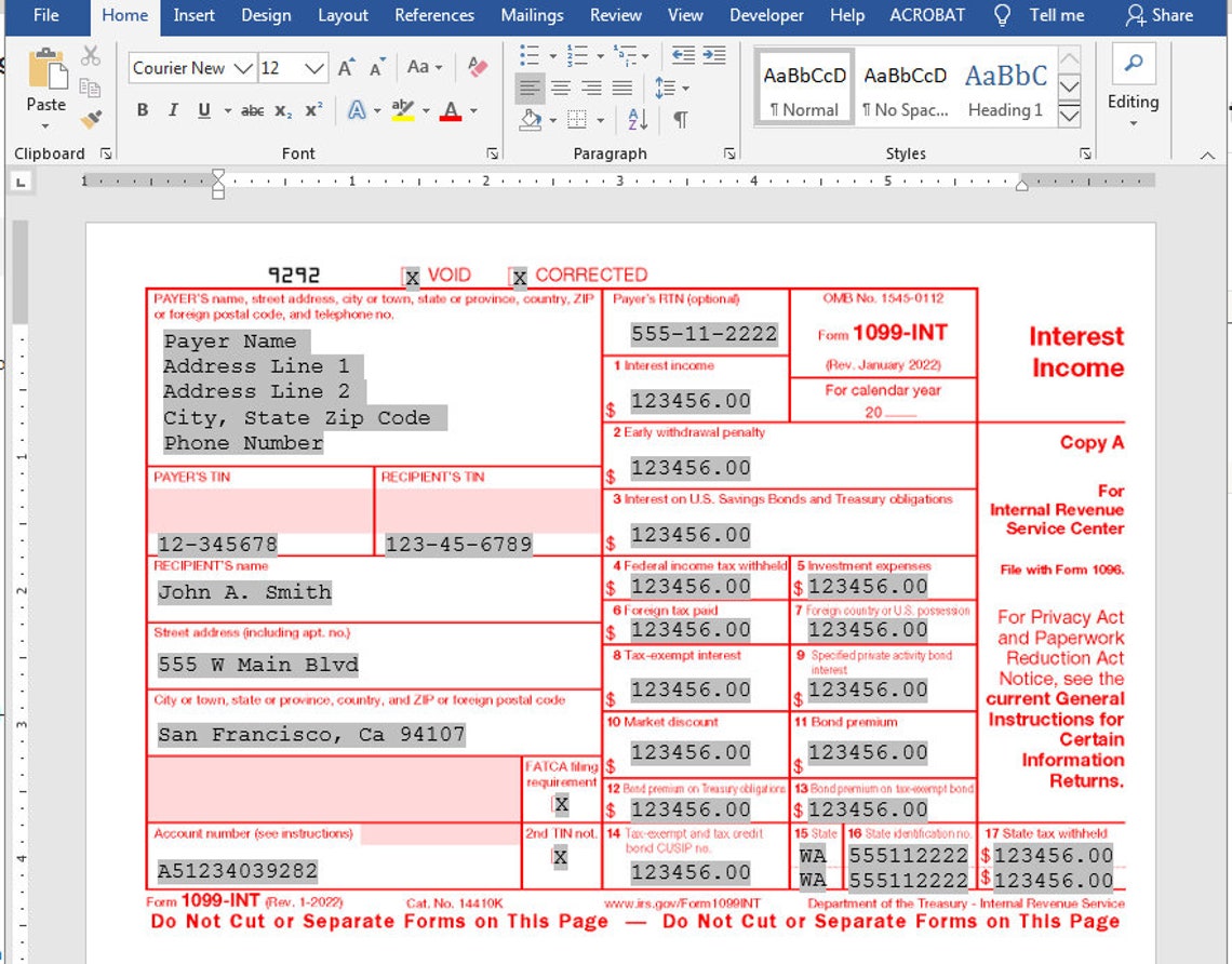 1099-INT Form Print Template for Word Tax Year 2022 (1096 Transmittal ...