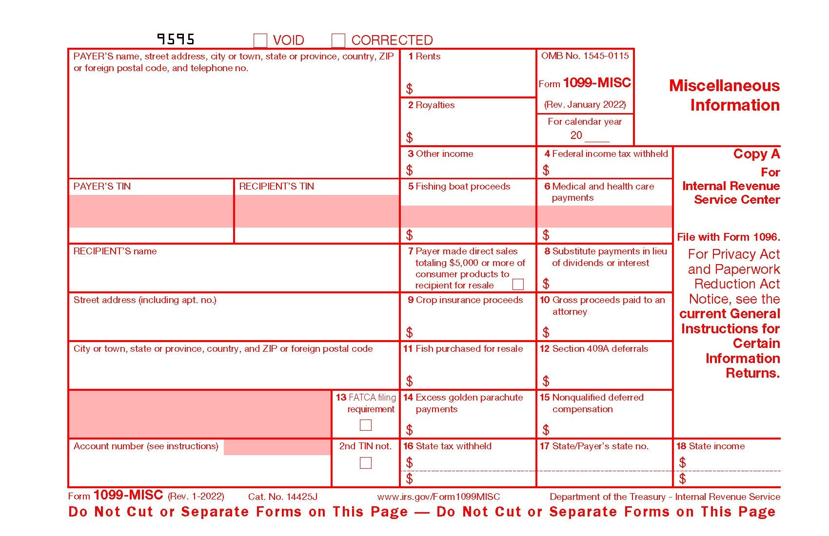 1099-MISC/1096 IRS Copy A - 2023 Form Print Template for Word and PDF ...