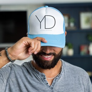 Blue Foam Trucker Hat Mockup, Mens Cap Mock Up, Light Blue and White ...