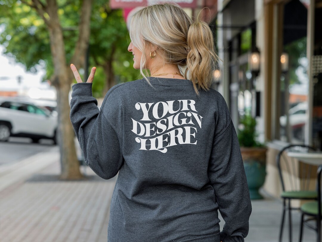Gildan 18000 Dark Heather Sweatshirt Back Mockup: Lifestyle Model (JPEG ...