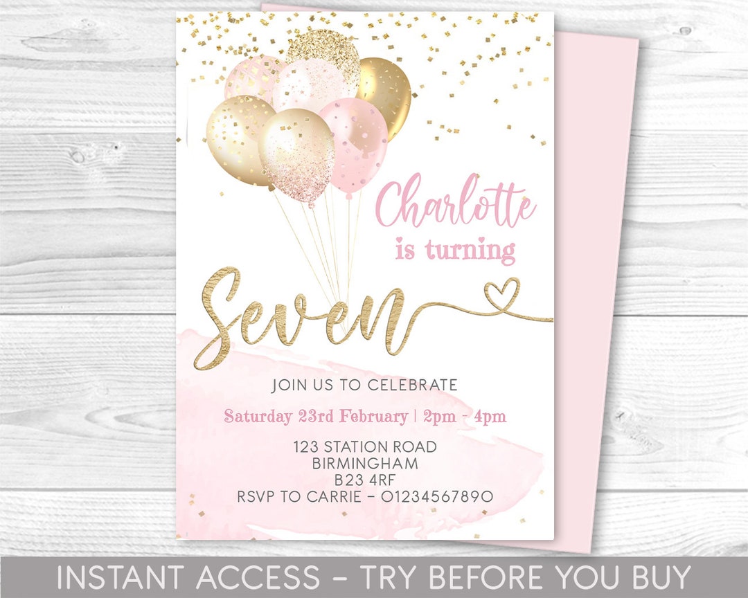 7th Birthday Invitation, Pink and Gold Balloons, Editable Party Invite ...