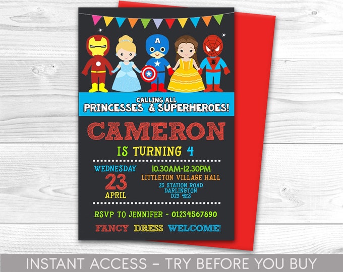 Superhero Princess Party Invitation: Editable Costume Birthday 5x7 ...