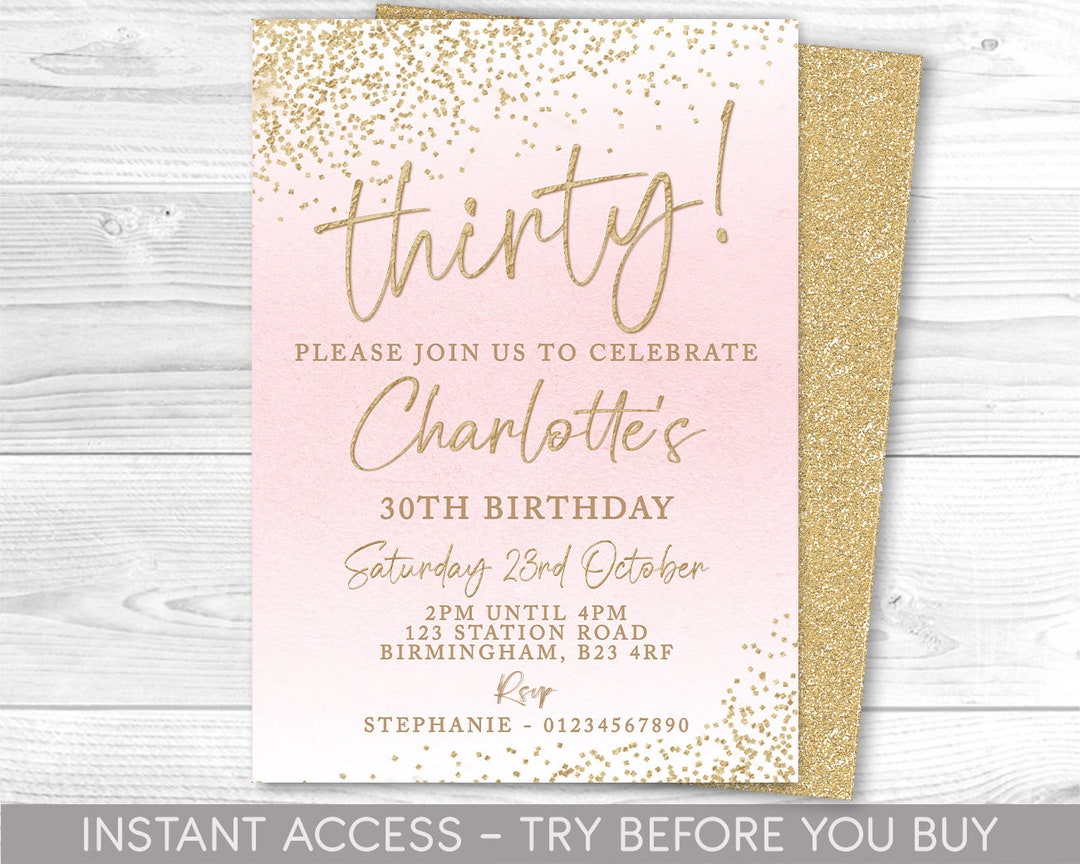 30th Birthday Invitation Editable 30th Invite, Pink and Gold Invitation ...