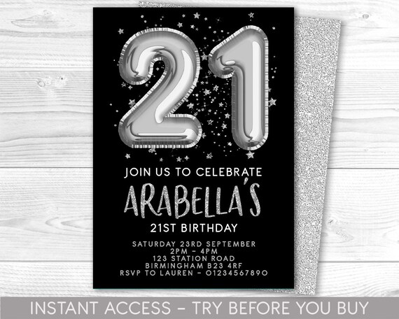 21st Birthday Invitation Editable 21st Invite Black Silver - Etsy