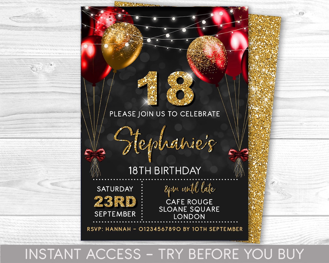 18th Birthday Invitation Editable 18th Invite Red Black Gold Invitation ...