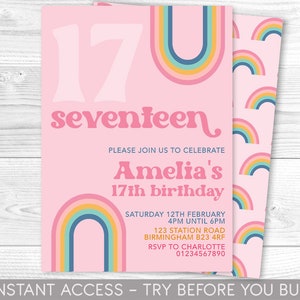 Editable 17th Birthday Invitation Template Rainbow Pink Birthday Invite ...