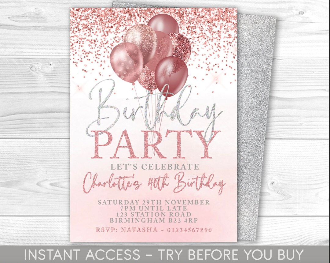 Pink and Silver Birthday Invitation, Editable Party Invite, Pink Silver ...