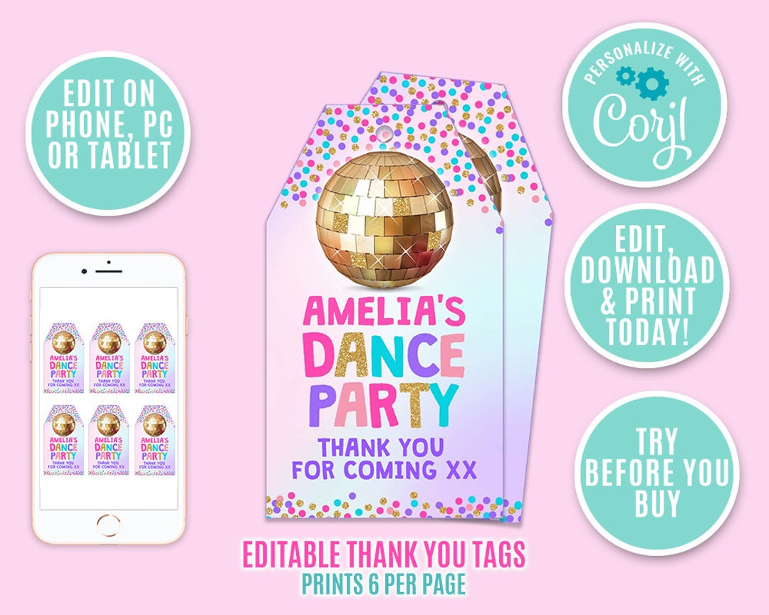 Dance Party Thank You Tags Favor Tags Editable Digital Printable Dance ...