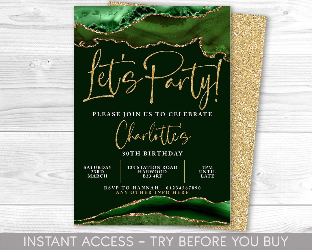 Agate Party Invitation, Green Gold Agate, Green Birthday Invite, Green ...