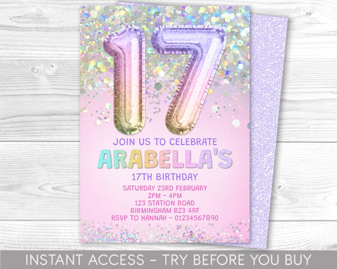 Editable 17th Birthday Invitation Template Rainbow Glitter Birthday ...