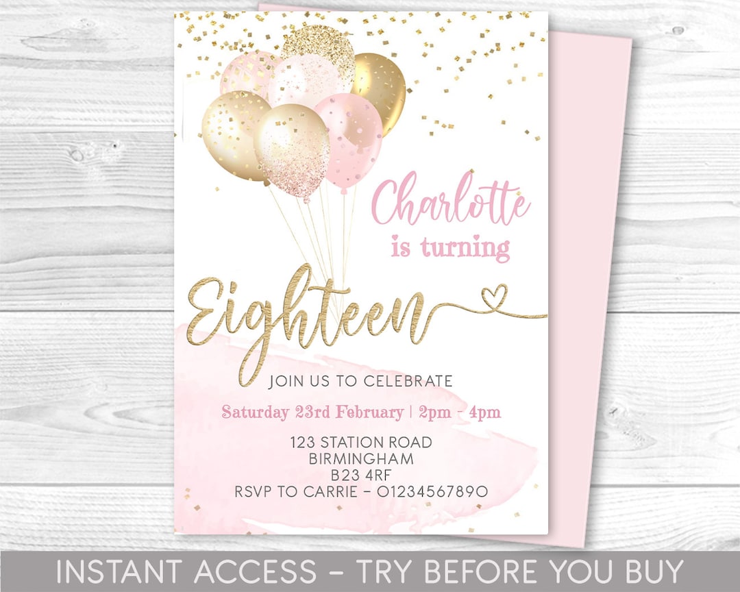 18th Birthday Invitation, Pink and Gold Balloons, Editable Party Invite ...