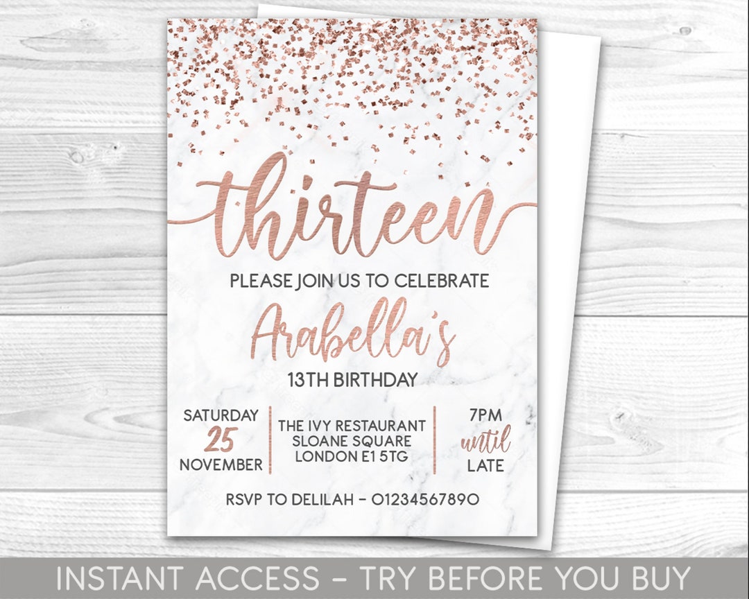 13th Birthday Invitation Editable 13th Invite, Marble Rose Gold Pink ...