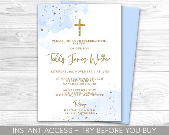 Baptism Invitation Blue Watercolor Personalised Printable - Etsy