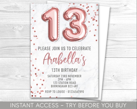 13th Birthday Invitation Editable 13th Invite Marble Rose - Etsy