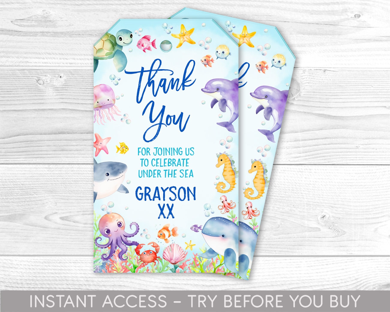 Under the Sea Birthday Thank You Tag Editable Ocean Sea Creatures Party ...
