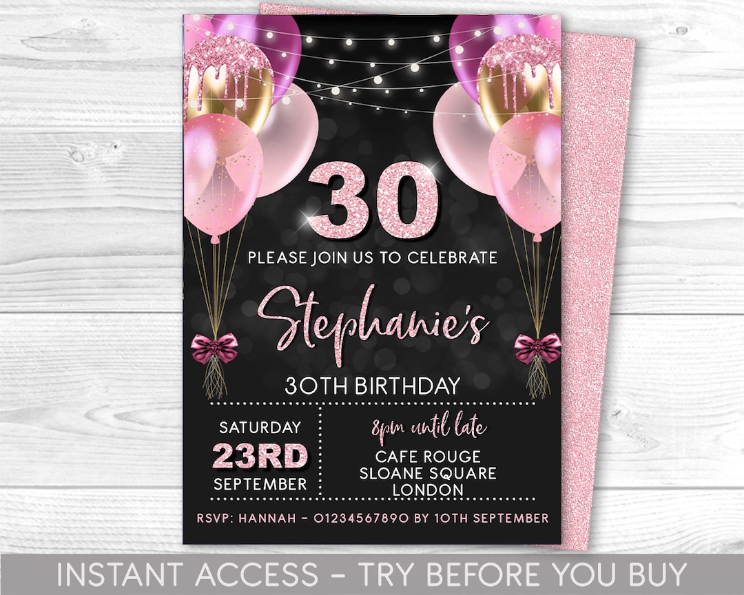 30th Birthday Invitation Editable 30th Invite Black Pink Gold ...