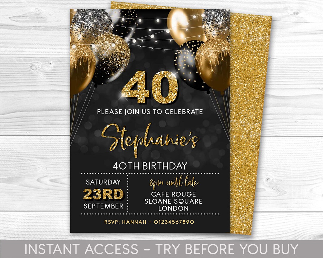 40th Birthday Invitation Editable 40th Invite Black Gold Invitation ...