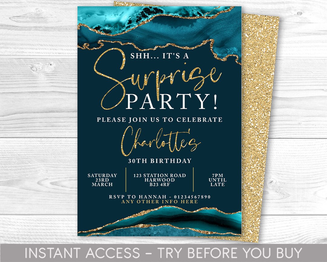 Surprise Party Invitation, Teal Gold Agate, Surprise Birthday Invite ...