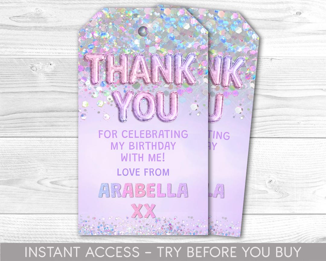 Editable Birthday Thank You Tag Template Rainbow Glitter Birthday Favor ...