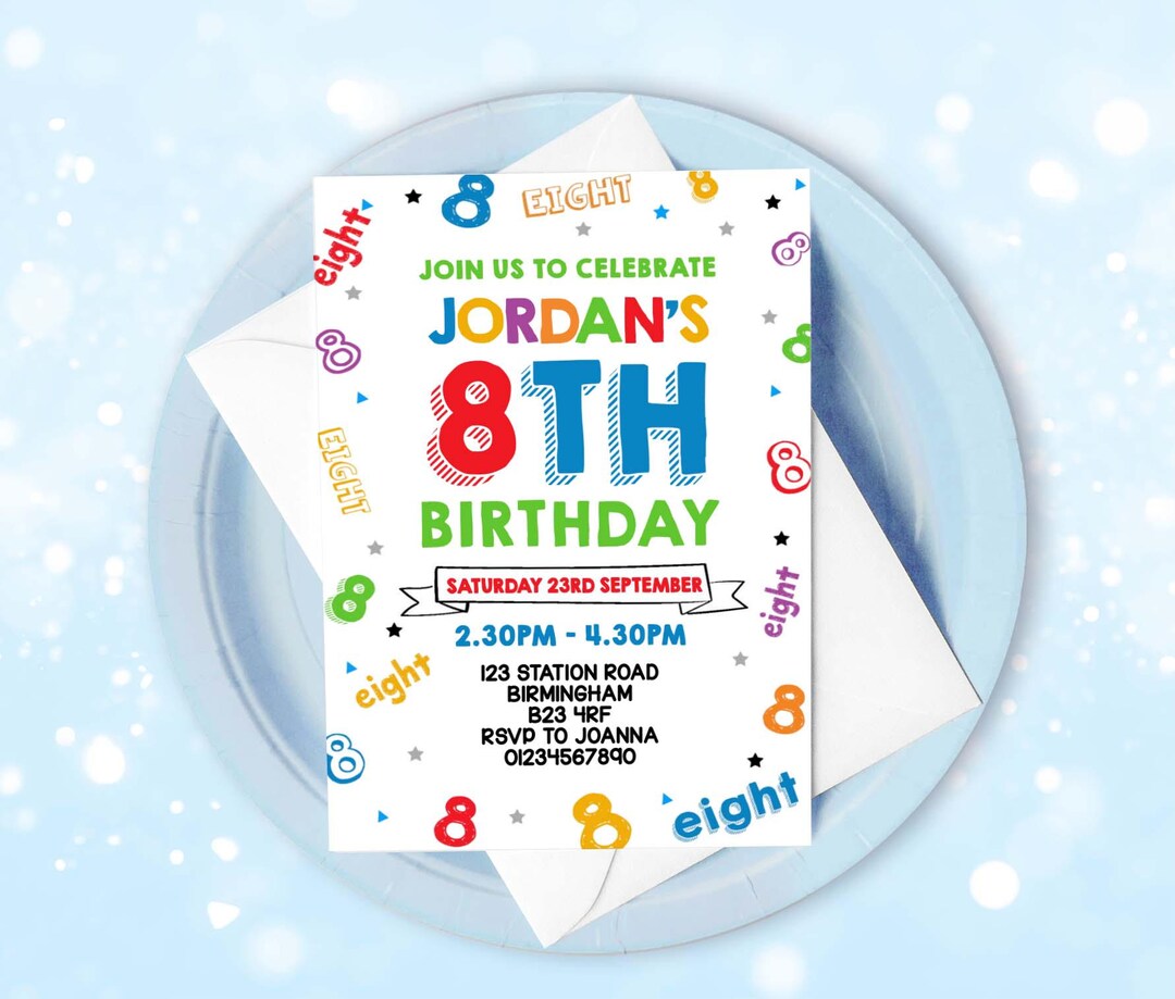 8th Birthday Invitation Editable 8th Invite, Blue, Boys Party ...